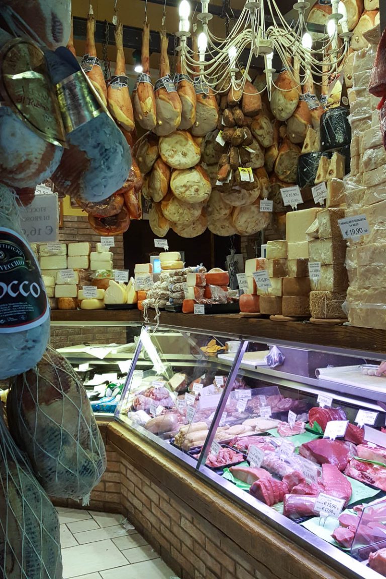 A deli shop, The Old Market in the Quadrilatero - Bologna, Emilia ...